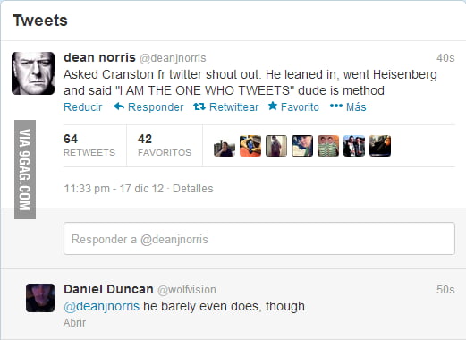 Dean Norris tweet - 9GAG