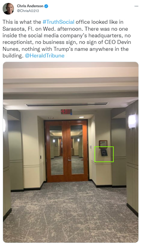 The Truth Social office in Sarasota appears to be abandoned. The badge ...
