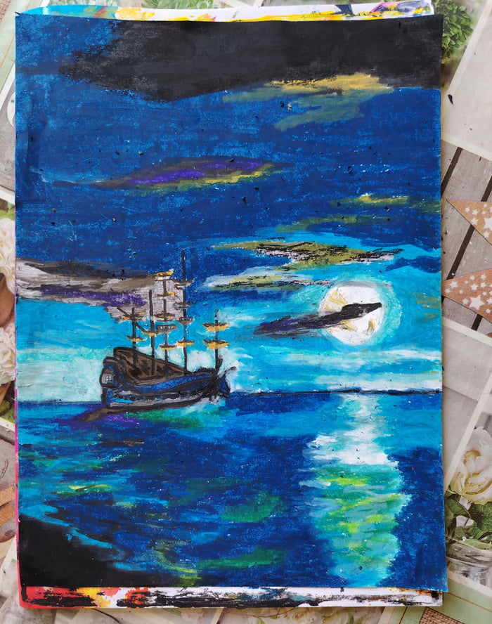 Drawing: A sailing ship in the middle of an endless ocean. - 9GAG