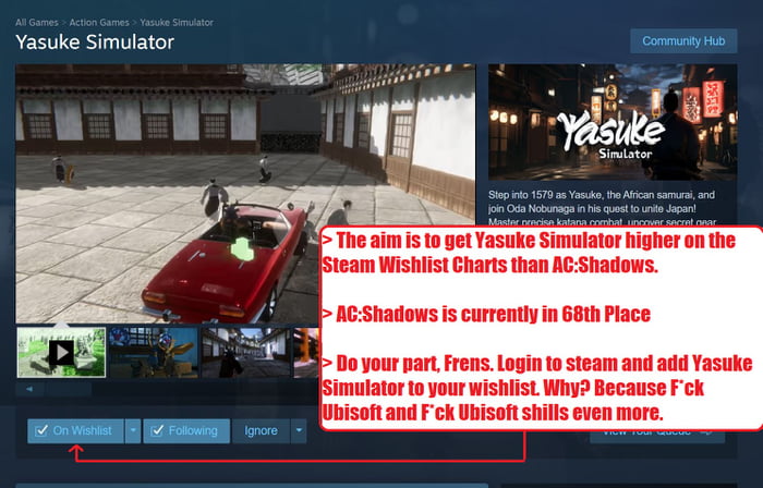 Yasuke Simulator. Wishlist on steam, to buttf**k Ubisoft... (I have nothing to do with the game ...