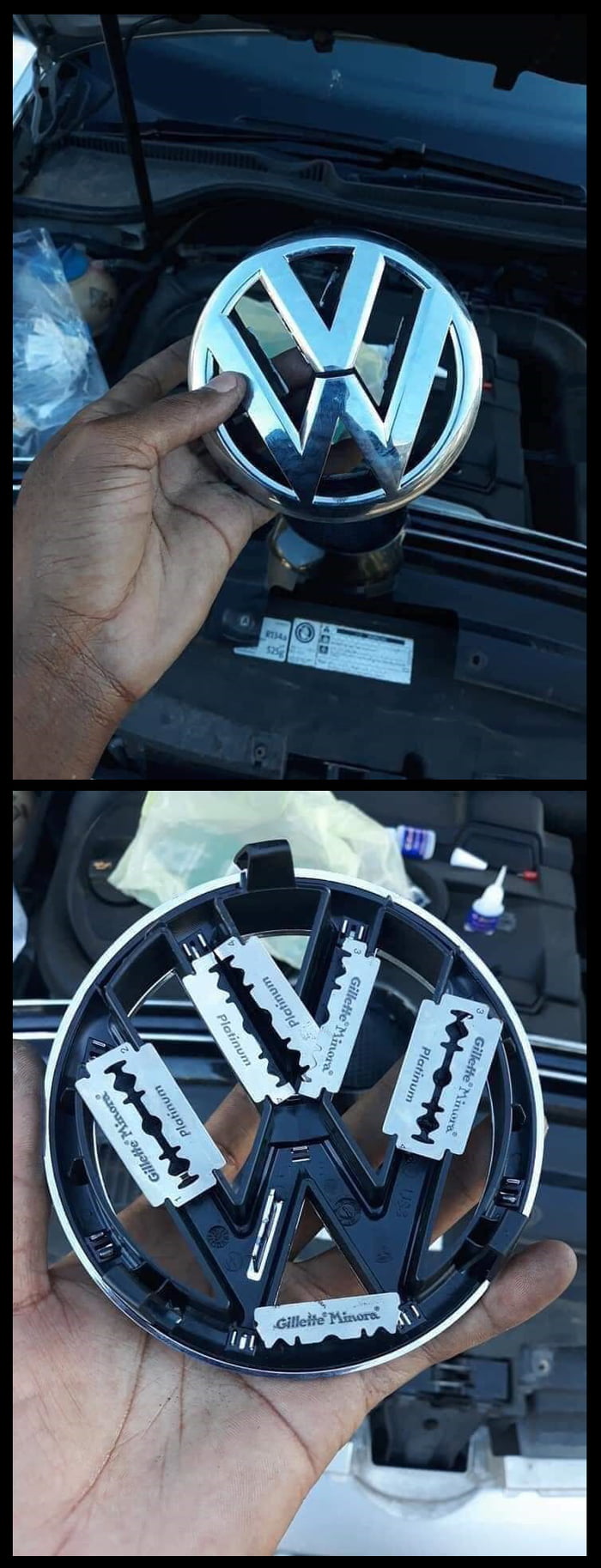 So basically this guy is fed up with his VW emblem being stolen. - 9GAG