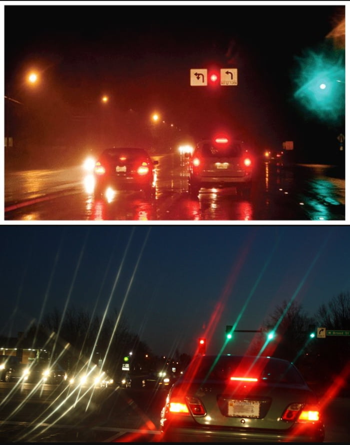 Driving at night with normal vision (top) vs. night-driving with ...