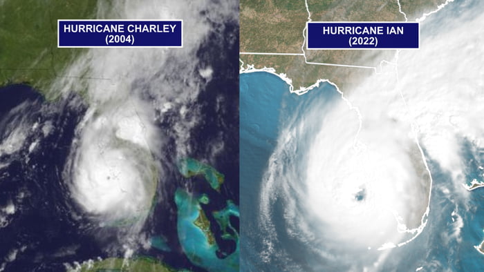 Satellite images comparing Hurricane Charley and Ian. Charley caused $6 ...