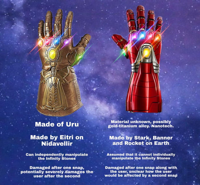 The similarities and differences between the Infinity Gauntlet and the Stark Gauntlet - 9GAG