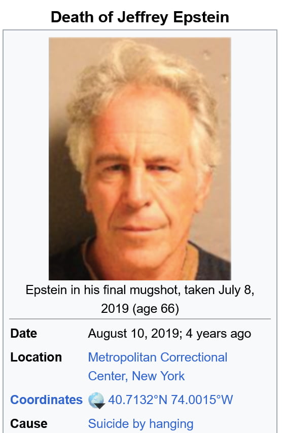 According to Wikipedia Jeffrey Epstein killed himself. Trust issues ...