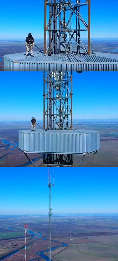 Tower climber on the KOVR Mast, 624 meters tall structure near walnut grove - 9GAG