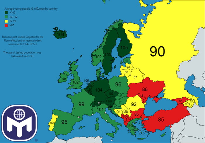 Average young ppl IQ in Europe by country - 9GAG