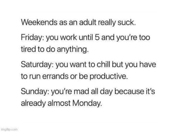 Adult weekends are a myth. - 9GAG
