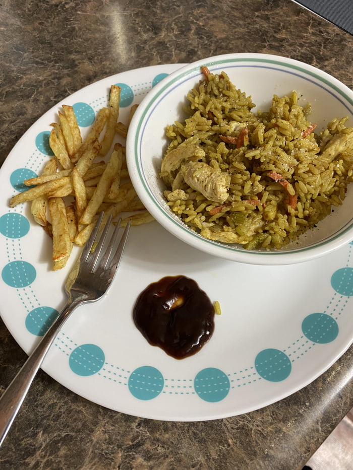 French fries and chicken and rice - 9GAG