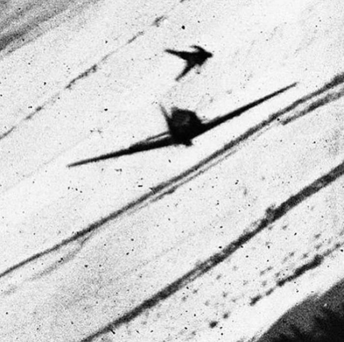 Gun camera photo from an American fighter aircraft, shows a German ...