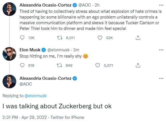AOC: It wasn't about you. Elon: ...but ok. - 9GAG