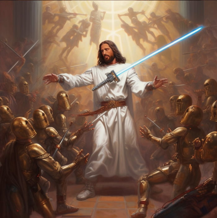 Jedi Jesus fighting Roman Storm Troopers with lightsaber throw miracle ...