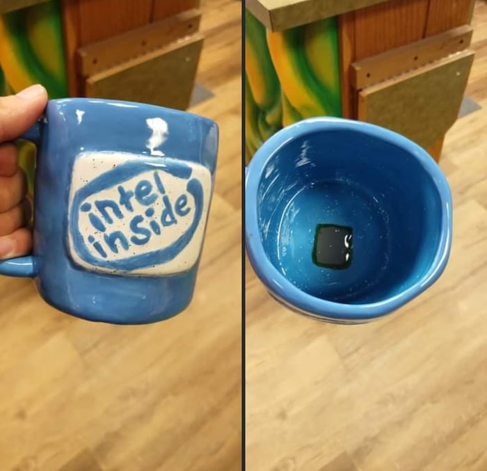 Someone made a computer joke mug, Intel logo with a processor painted ...