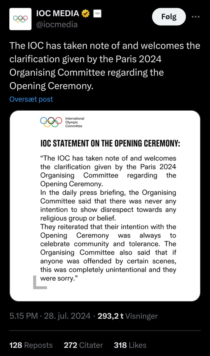 IOC out with an apology about the OL opening, but we all know full well ...