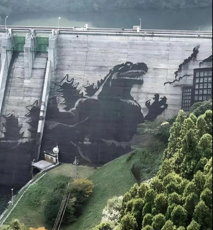 Godzilla portrait on the side of Japan’s Iwaya Gawauchi Dam made ...