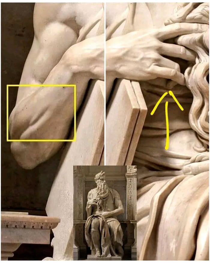 In Michelangelo's Moses, made in 1513-1515 CE, there is a small muscle ...