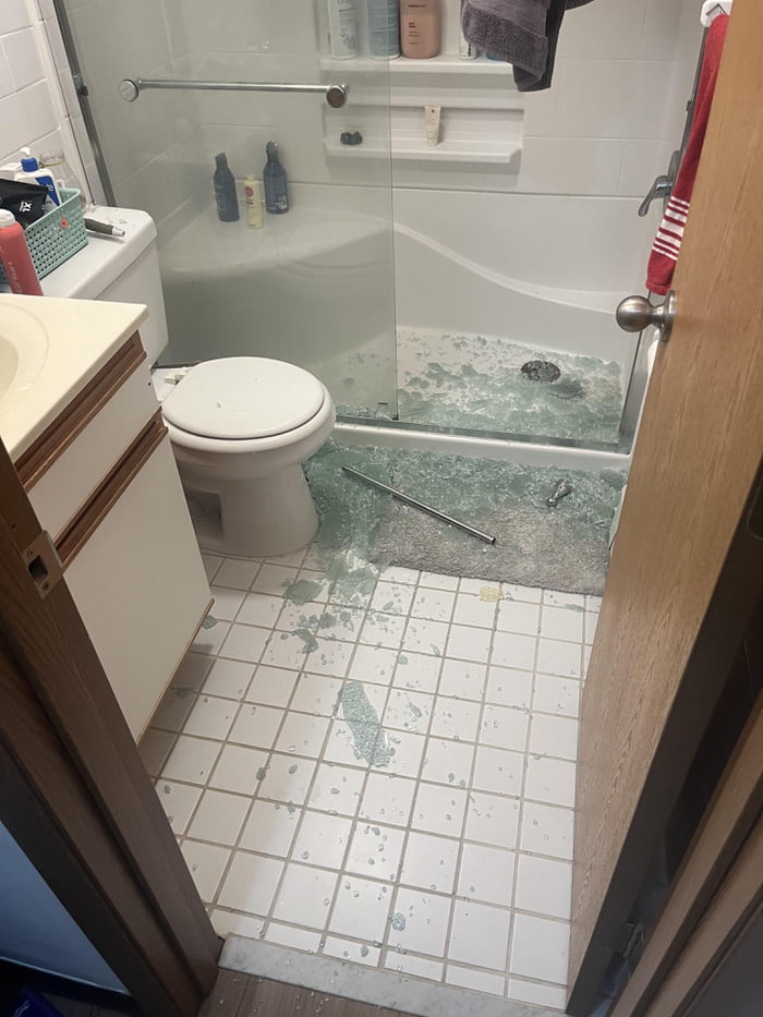 Shower door randomly shattered (exploded) - 9GAG