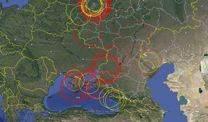 Map of the deployment and coverage radii of the S-300 (yellow) and S ...