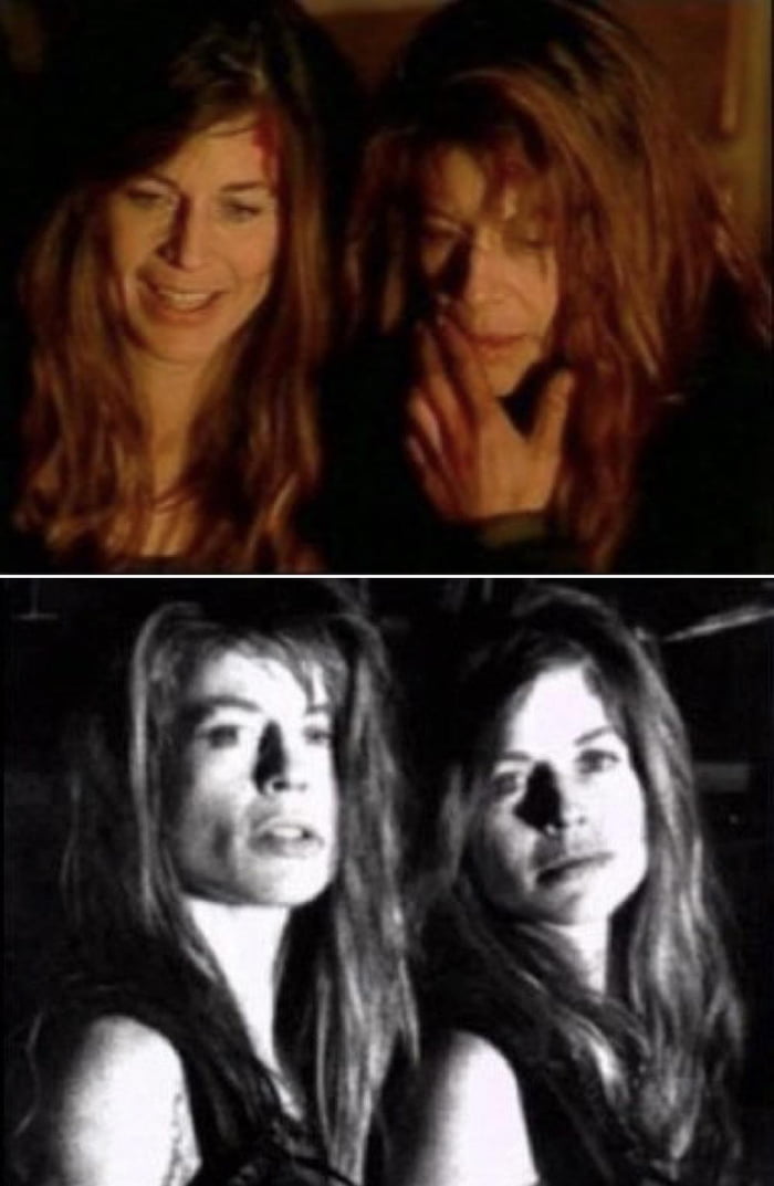 Linda Hamilton with her twin sister, the late Leslie Hamilton, on the set of Terminator 2 ...
