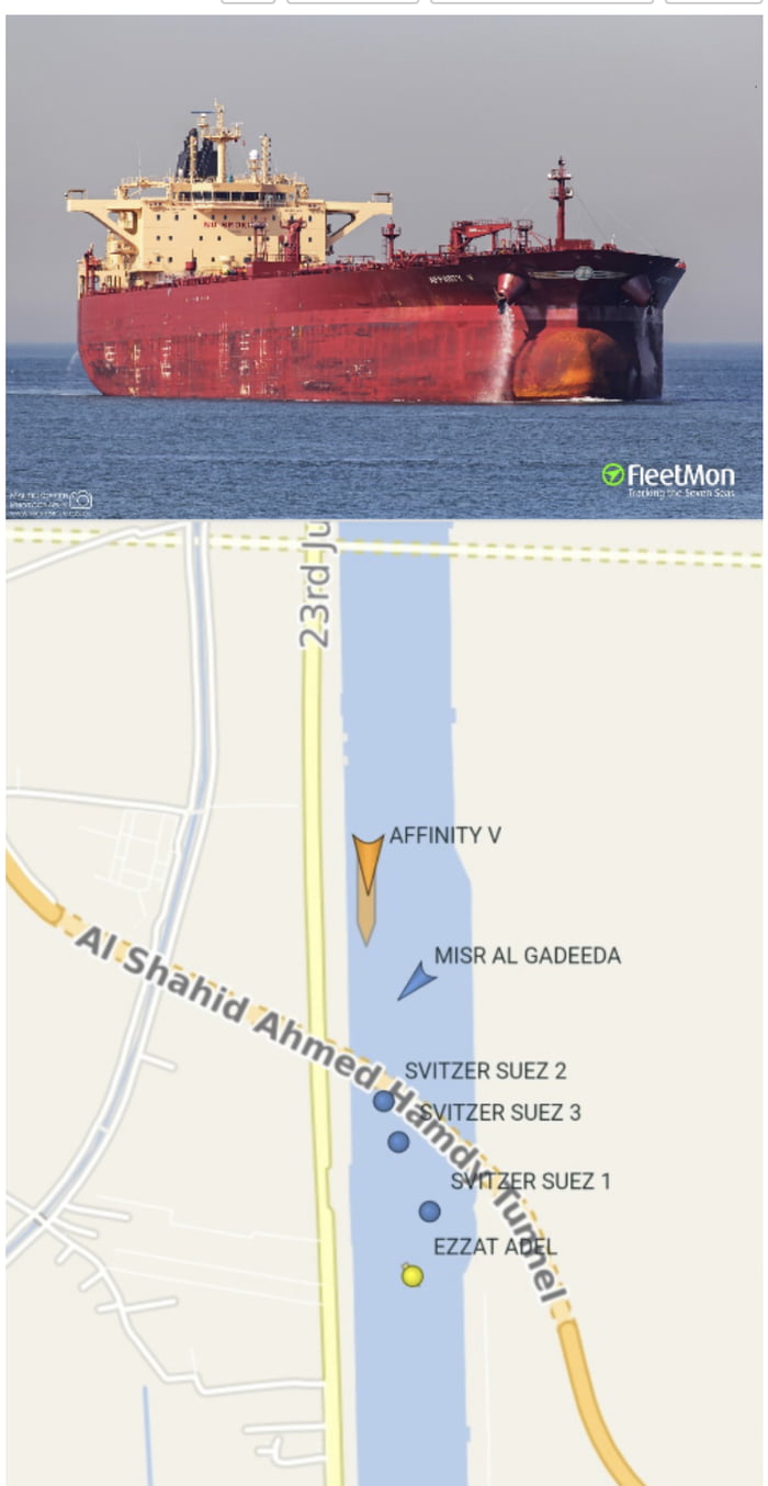 Crude oil tanker Affinity V stranded and blocking the Suez canal - 9GAG