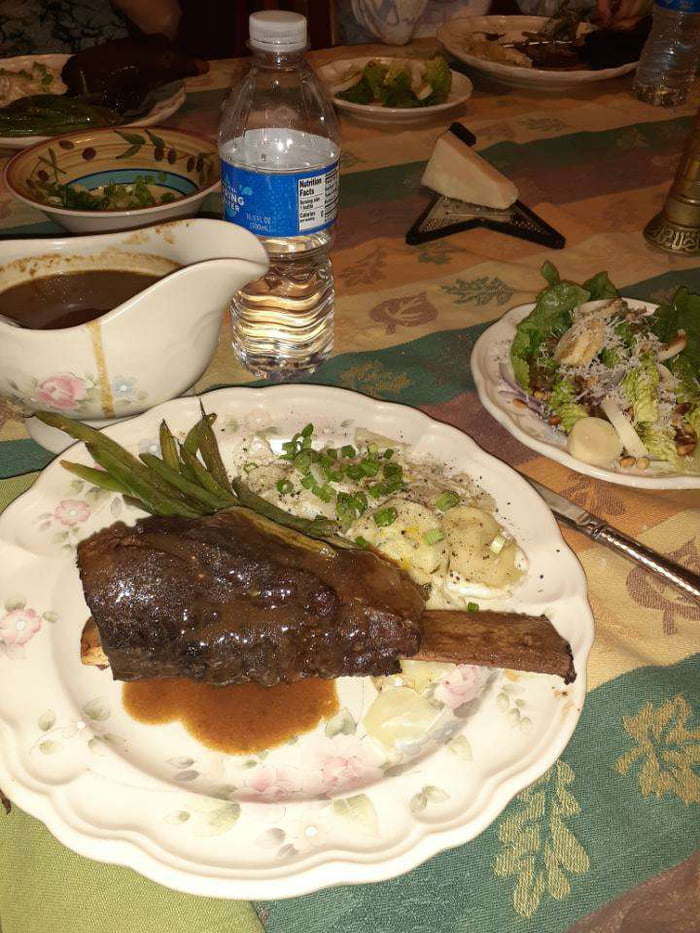 Braised short ribs w Demi-glace. Gratin & a heart of palm salad on the ...