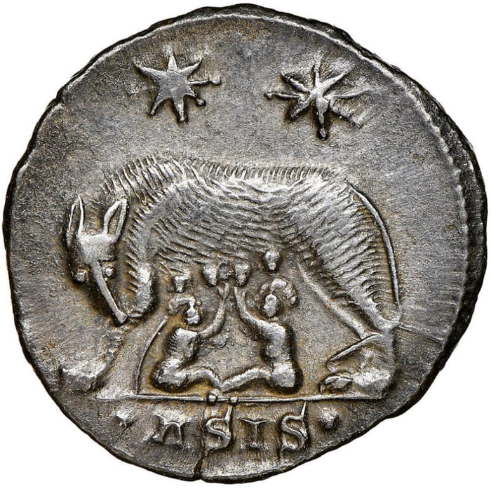 Roman coin featuring the mythological Romulus and Remus (c. 330-340 AD ...