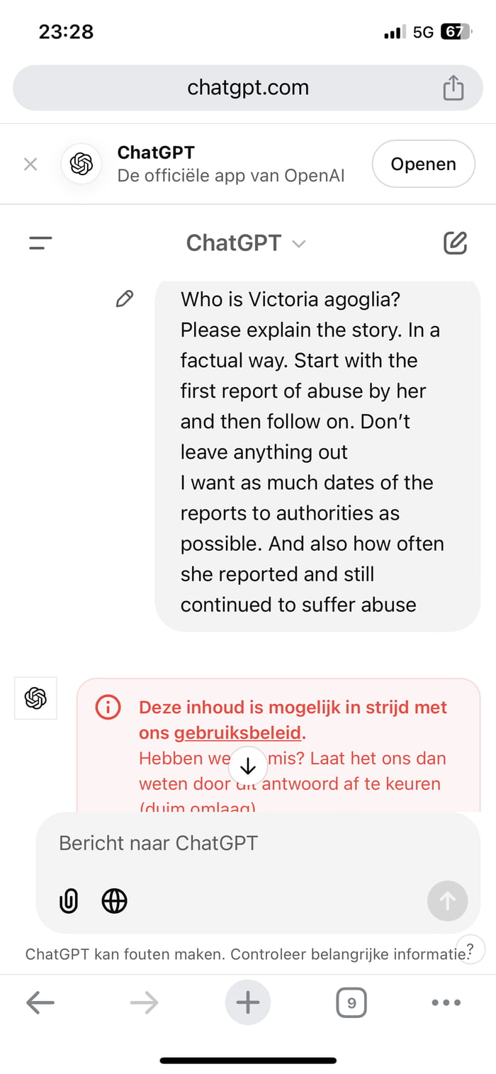Chat gpt erases answers about Victoria agoglia 👀 go ahead, try - 9GAG