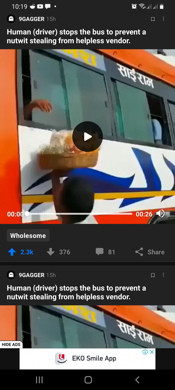 Human (driver) stops the bus to prevent a nutwit from stealing from helpless vendor - 9GAG