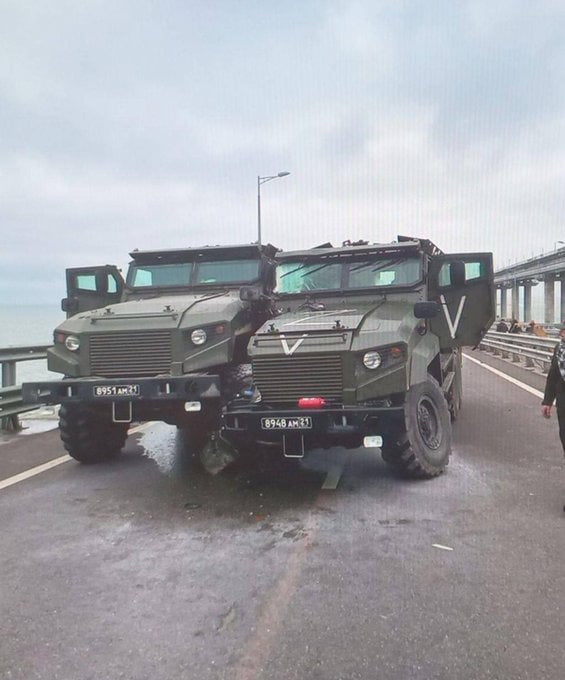 5 x damaged Russian Z-STS Akhmat vehicles over the Crimean Bridge. The ...