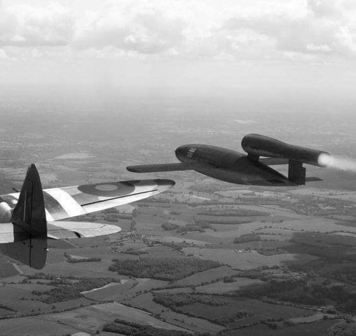Spitfire about to flip the wing of a V1 in order to knock the gyroscope ...