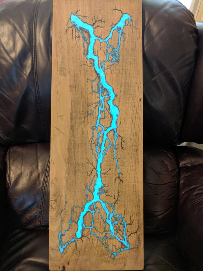 Fractal wood burn with photolumimescent resin inlay in reclaimed oak ...