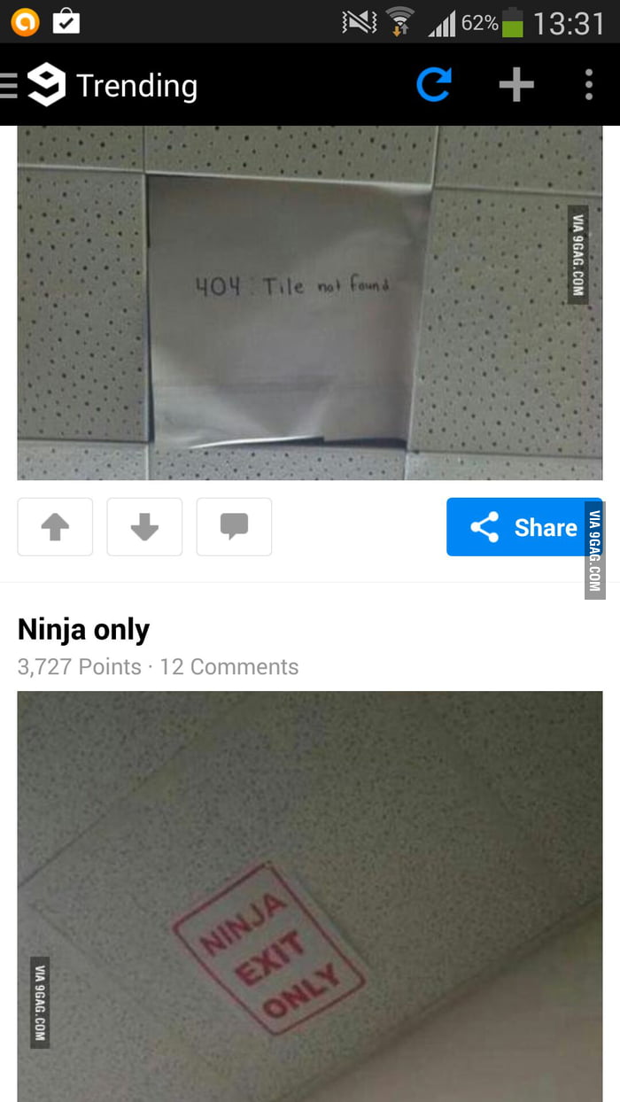 It seems that a man tried the ninja exit and broke the tile - 9GAG
