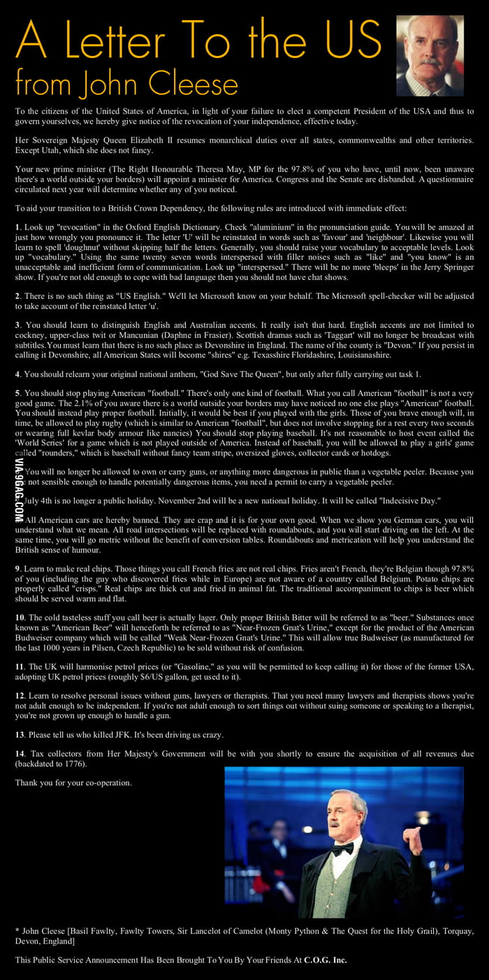 Letter to the US from John Cleese - 9GAG