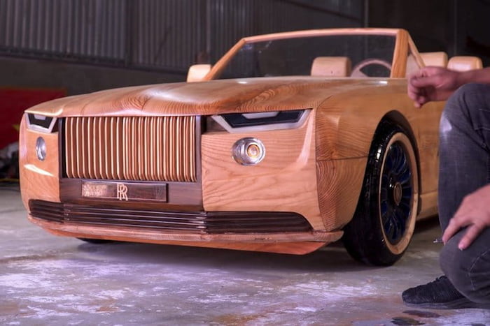 Dad Builds Functional Mini Rolls-Royce Out Of Wood For His Son - 9GAG