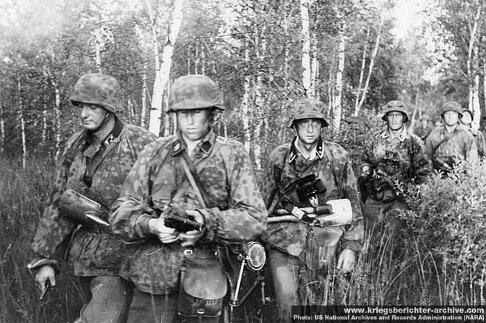 Soldiers from the 9th SS Panzer division "Hohenstaufen" walking through ...