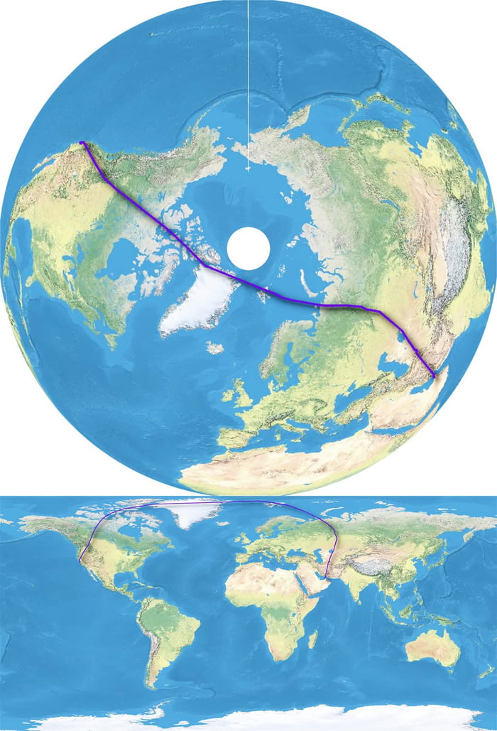 One flight, two map projections. Emirates flight EK225, Dubai to San ...