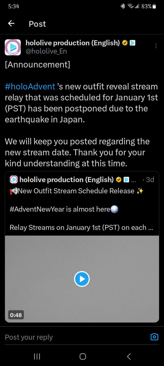 Holo Advent's outfit reveal will be delayed due to the earthquake - 9GAG