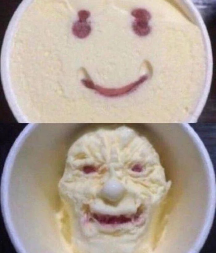 Ice cream melted into a weird face - 9GAG