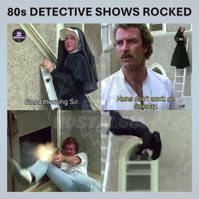 This scene from an 80s detective show is pure gold, a nun with a level and a detective who knows ...