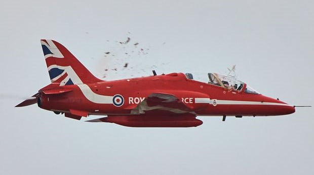 Red Arrow Hawk T1 hitting a bird during an air show - 9GAG