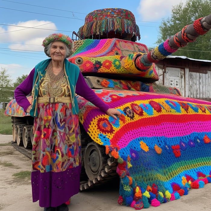 Prompt: a photo in a village of a russian babushka in front of a tank ...