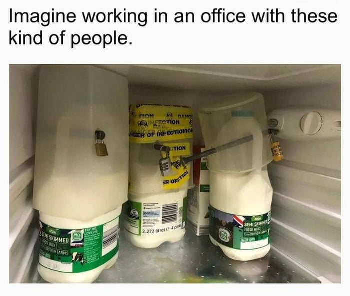 Office fridge anarchy requires extreme measures. - 9GAG