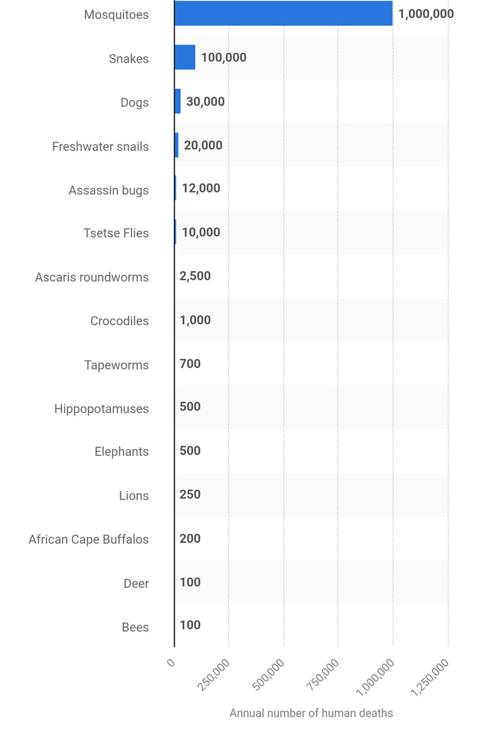Deadliest animals worldwide by annual number of human deaths - 9GAG