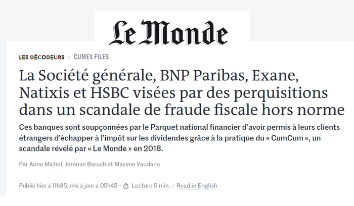 France's largest banks: Société Générale, BNP Paribas, Exane, Natixis and HSBC were searched in ...
