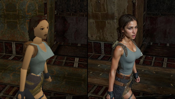 Upscaling Lara Croft from PS1 to super high resolution using AI. - 9GAG