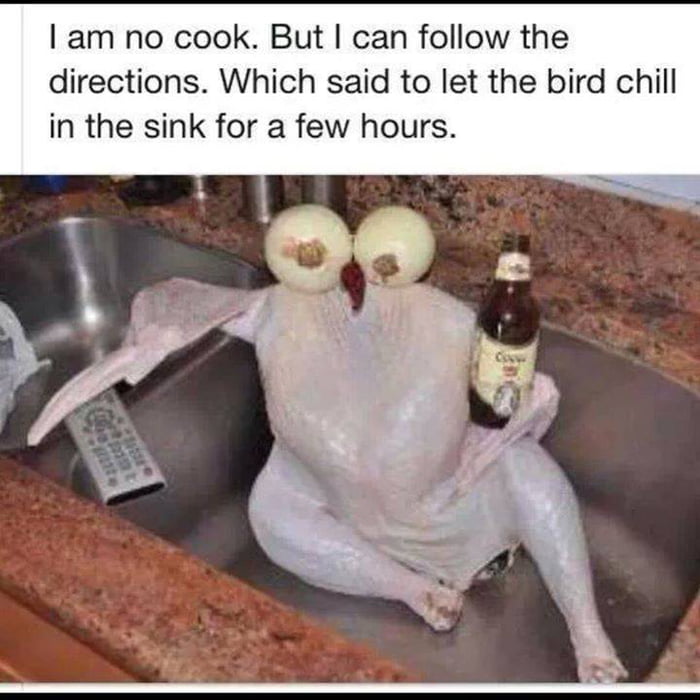 "Let the chicken chill in the sink with onions, alcohol and pepper" - 9GAG