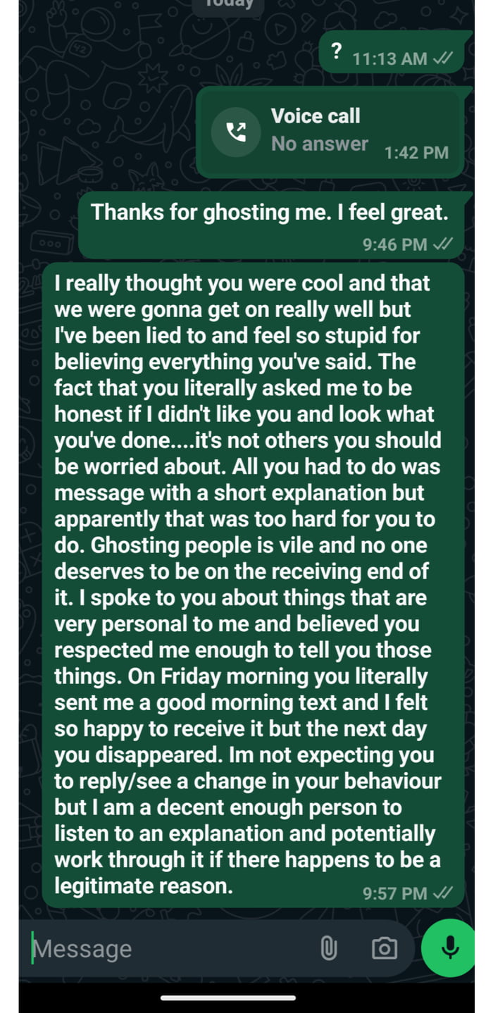 2 weeks of check ins/chat/memes. We were due to meet today but he's ...