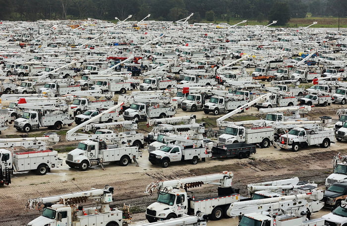 Utility workers and their trucks are staged in Florida, preparing to ...