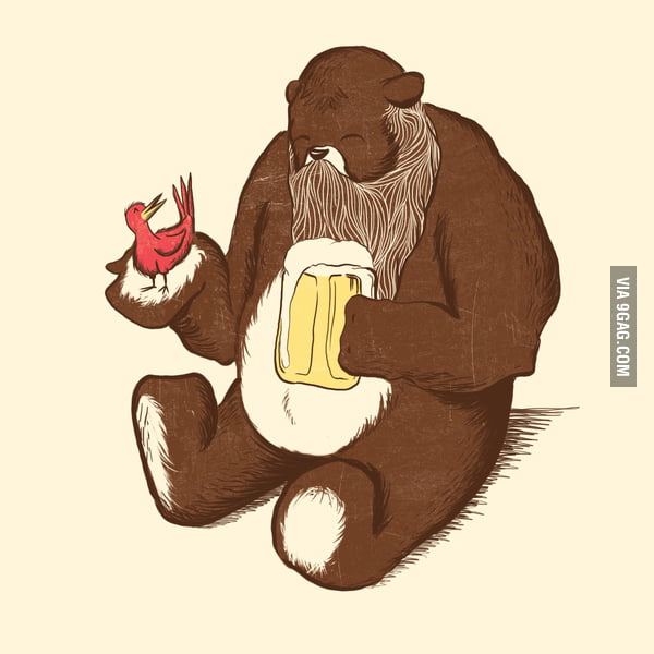 Bearded bear drinking beer with a bird - 9GAG