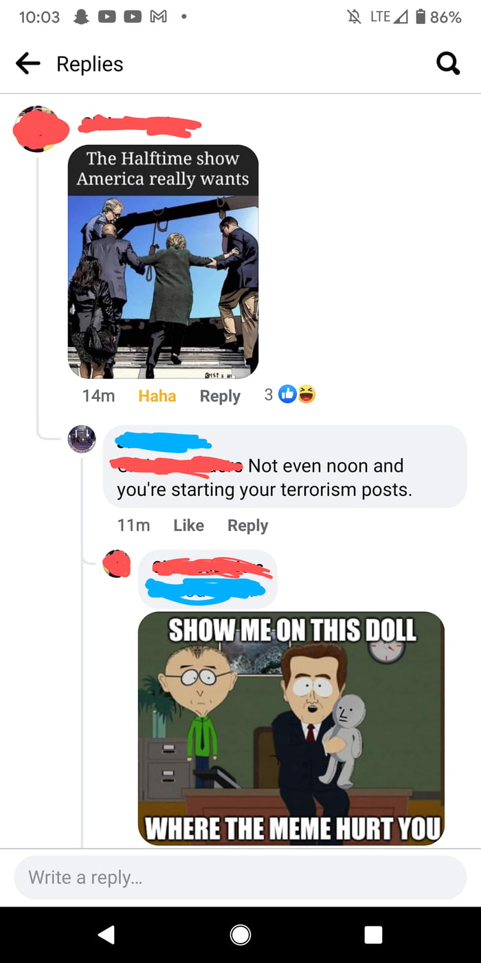 MAGA guy meme-ing about public executions for halftime shows. - 9GAG